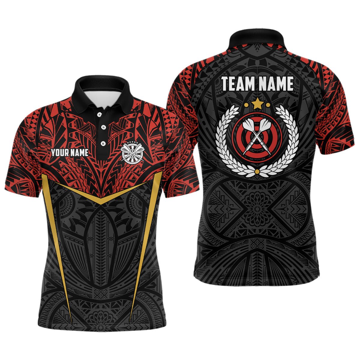 Personalisiertes Herren Darts Polo Shirt mit rotem gelbem Tribal-Muste